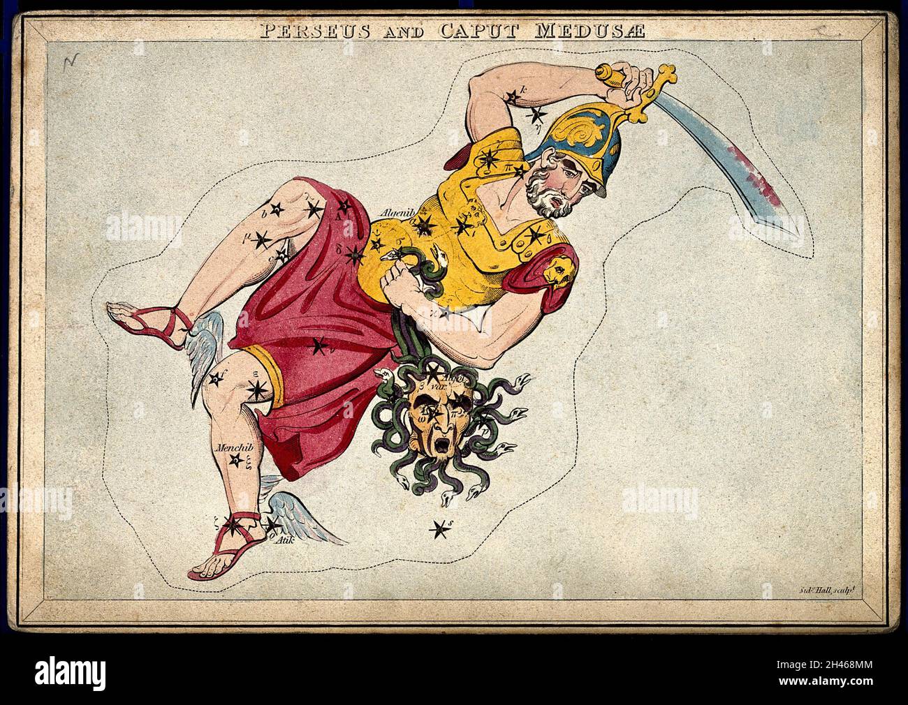Astrology: signs of the zodiac, Perseus with Medusa's head. Coloured ...