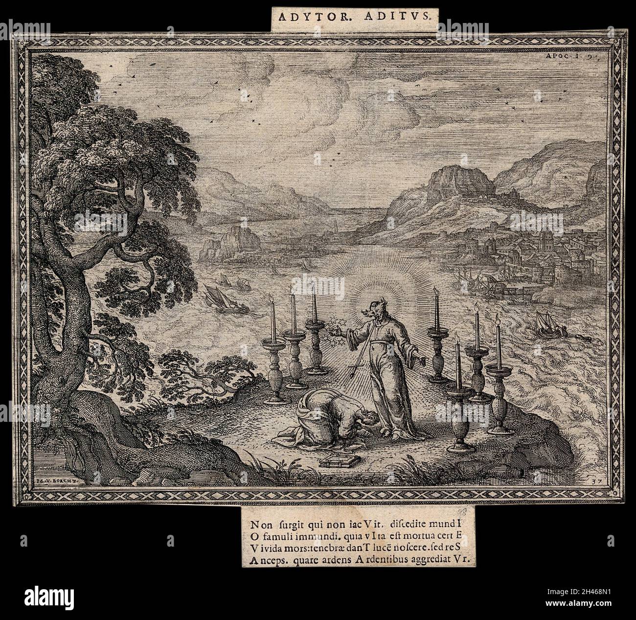 Christ appears to Saint John the Evangelist with eyes aflame and a ...