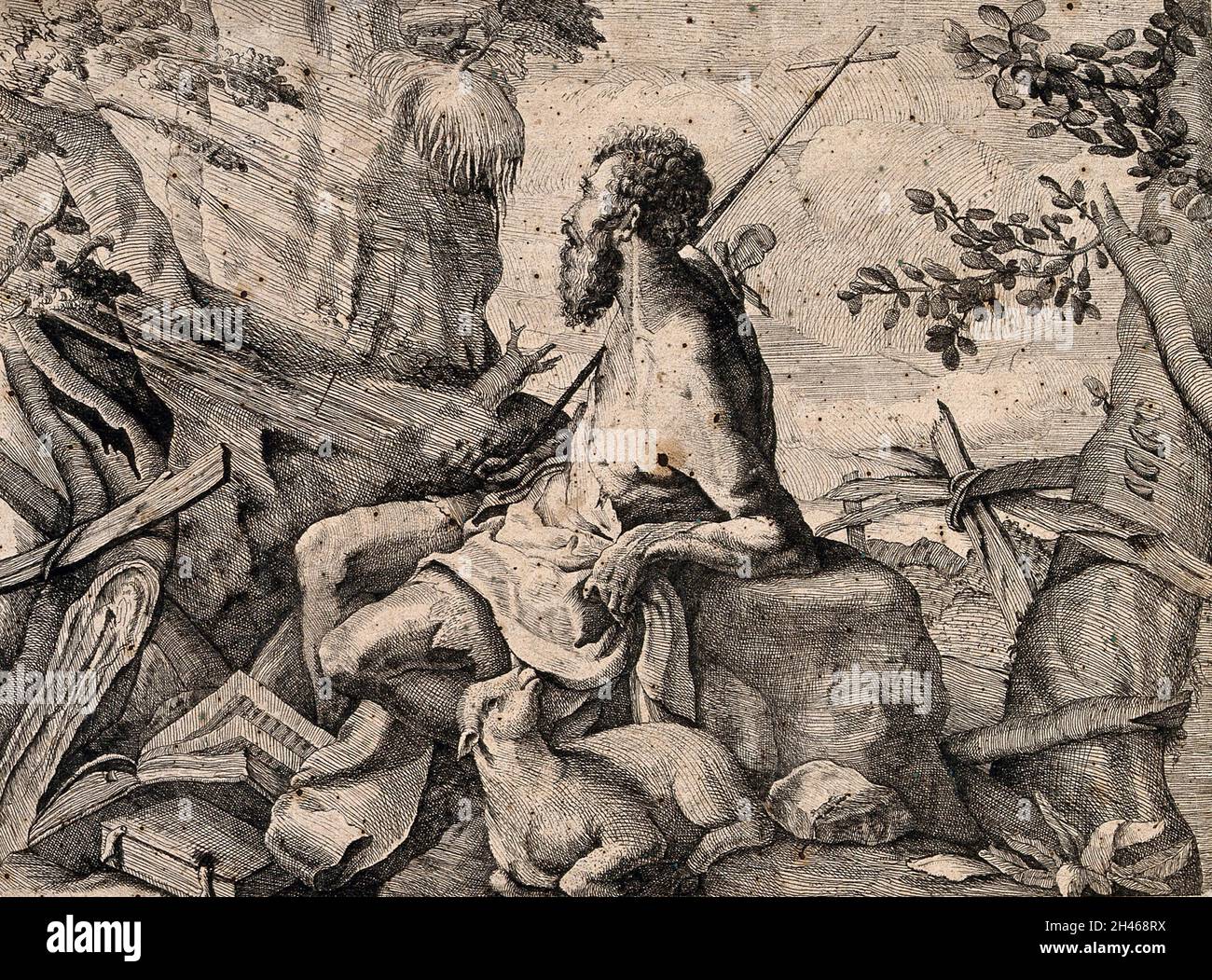 Saint John the Baptist in the wilderness, holding a cross. Etching by P ...