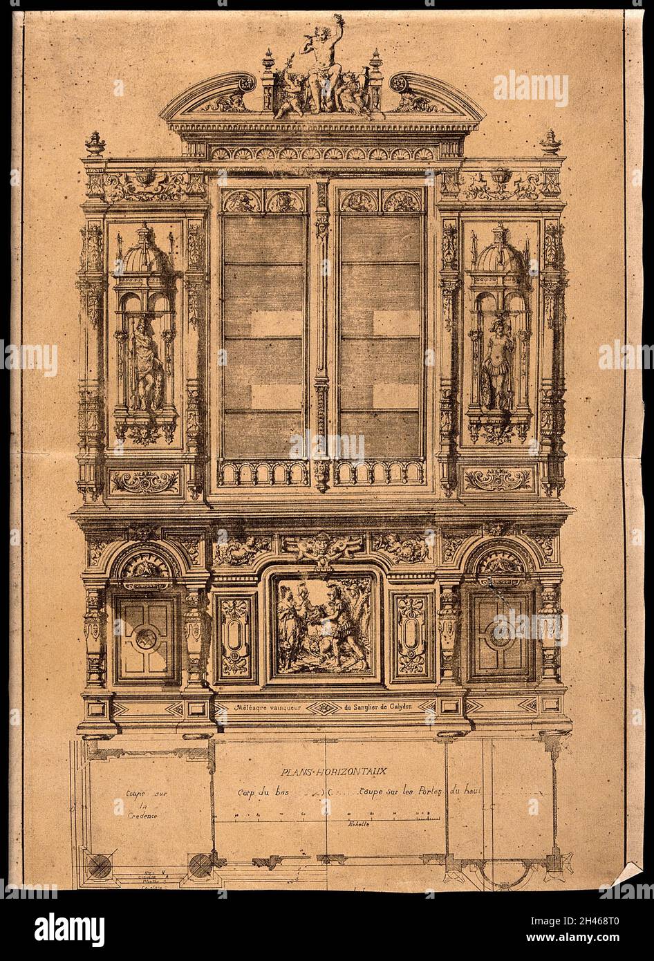Cabinet-making: designs for an armorial display case. Etching by J ...