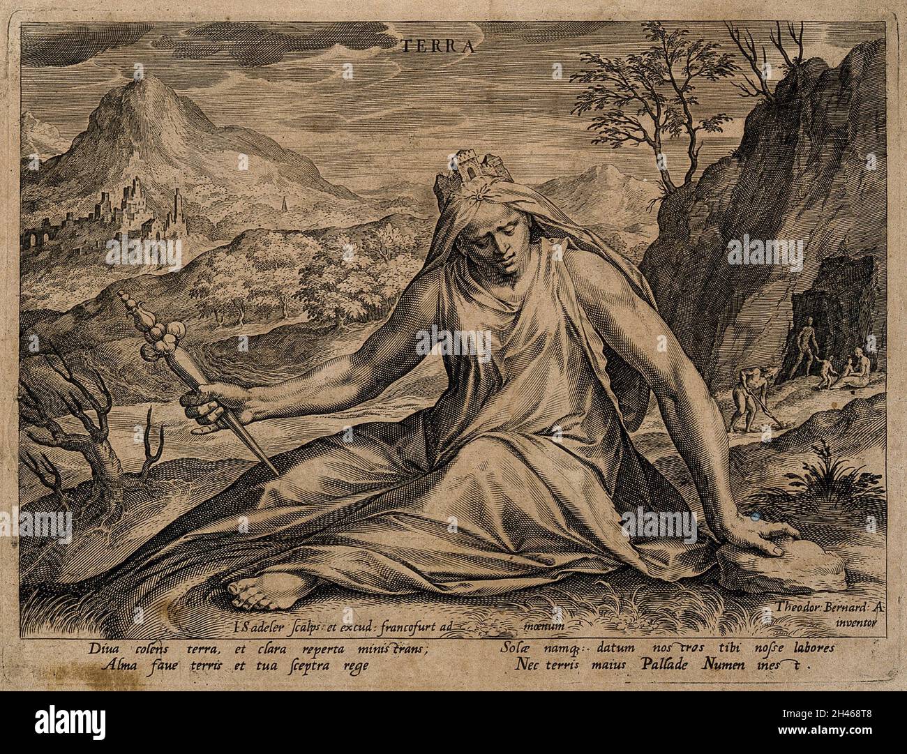 Cybele wearing a turreted crown and holding a sceptre; in the ...