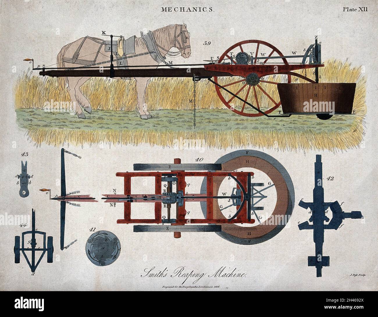 Farming: a reaping machine, driven by a horse. Coloured engraving by J ...