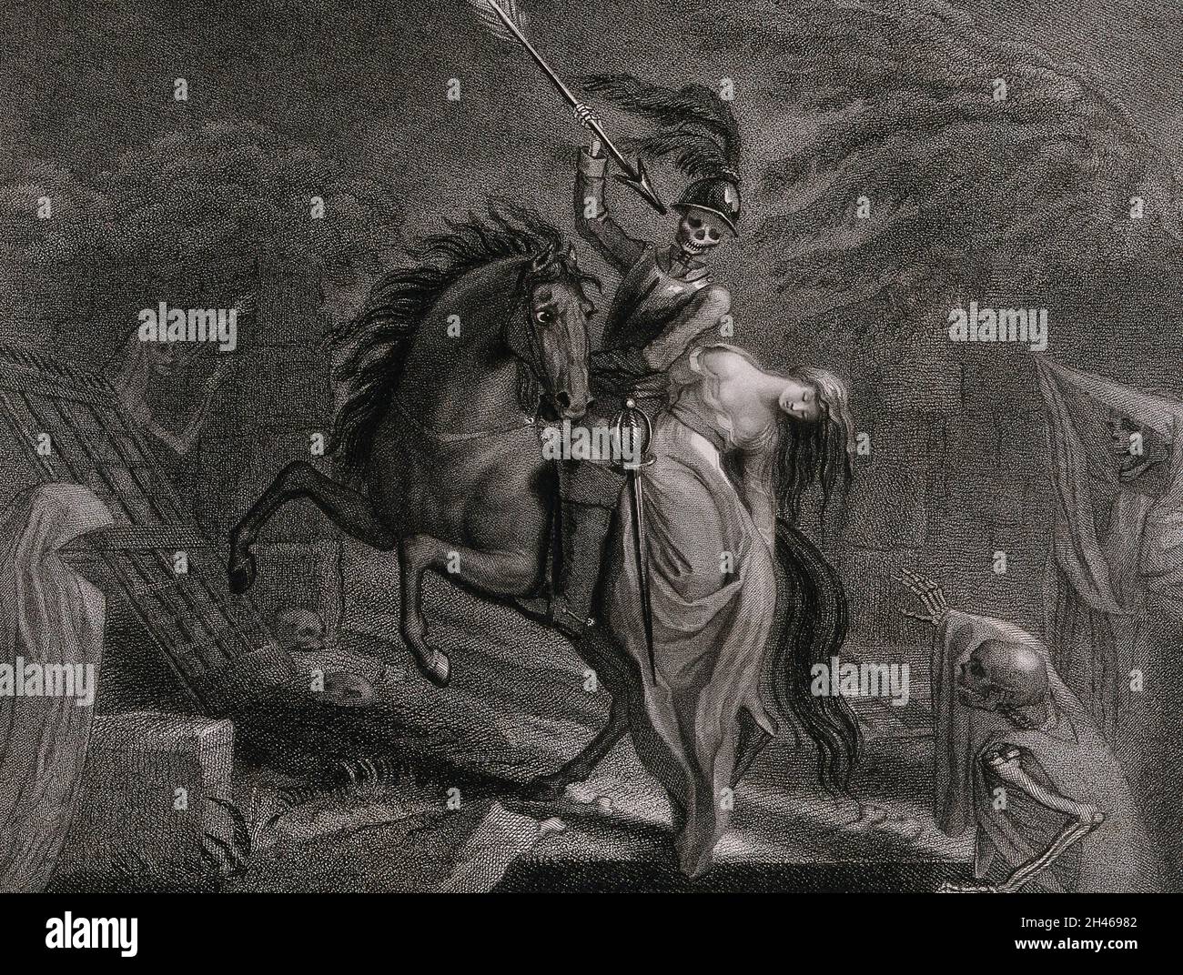 A figure of Death dressed as a knight points an arrow towards his ...