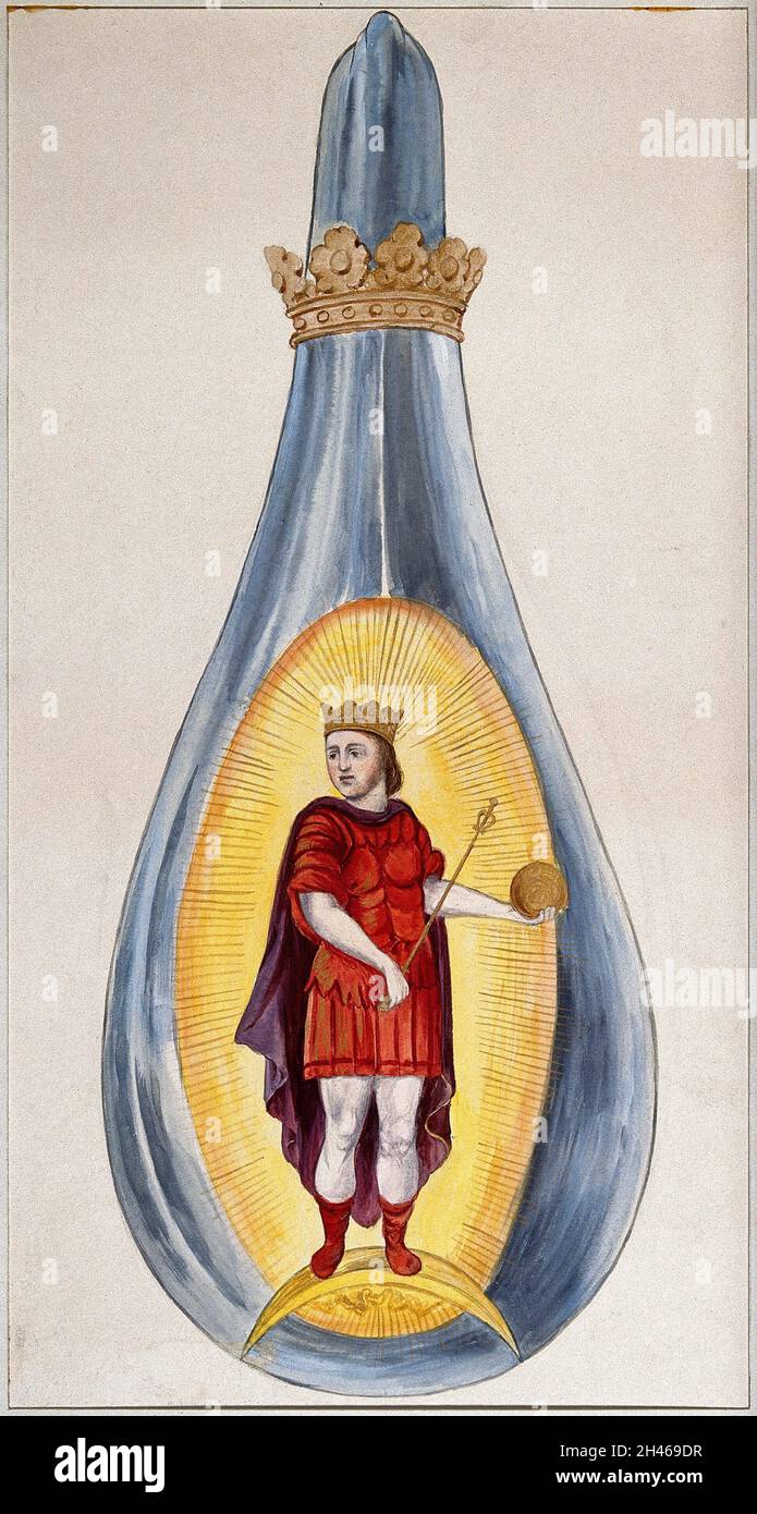 A crowned alchemical flask containing a young king, dressed in red ...