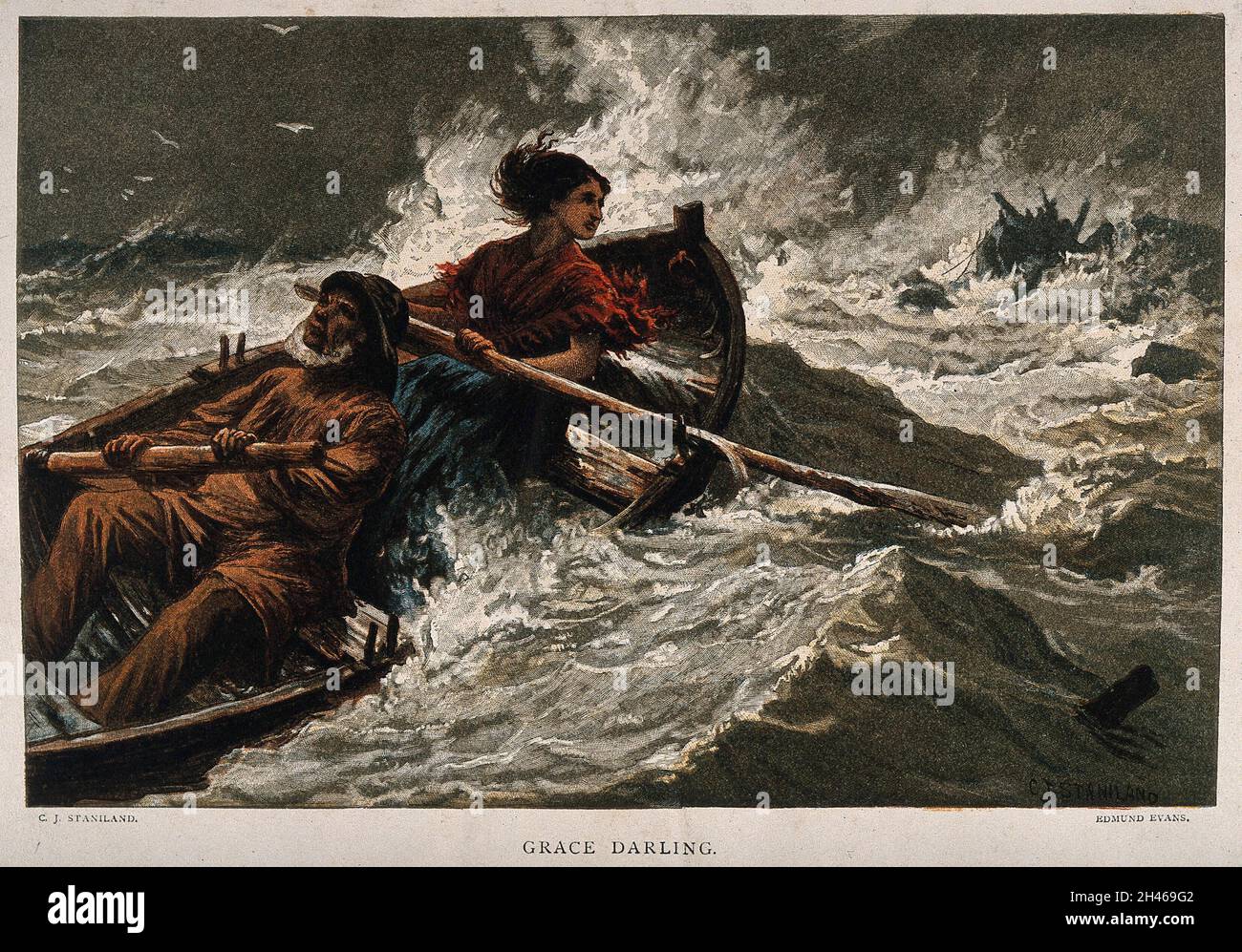Grace Darling rowing out to sea in a furious storm. Colour wood ...