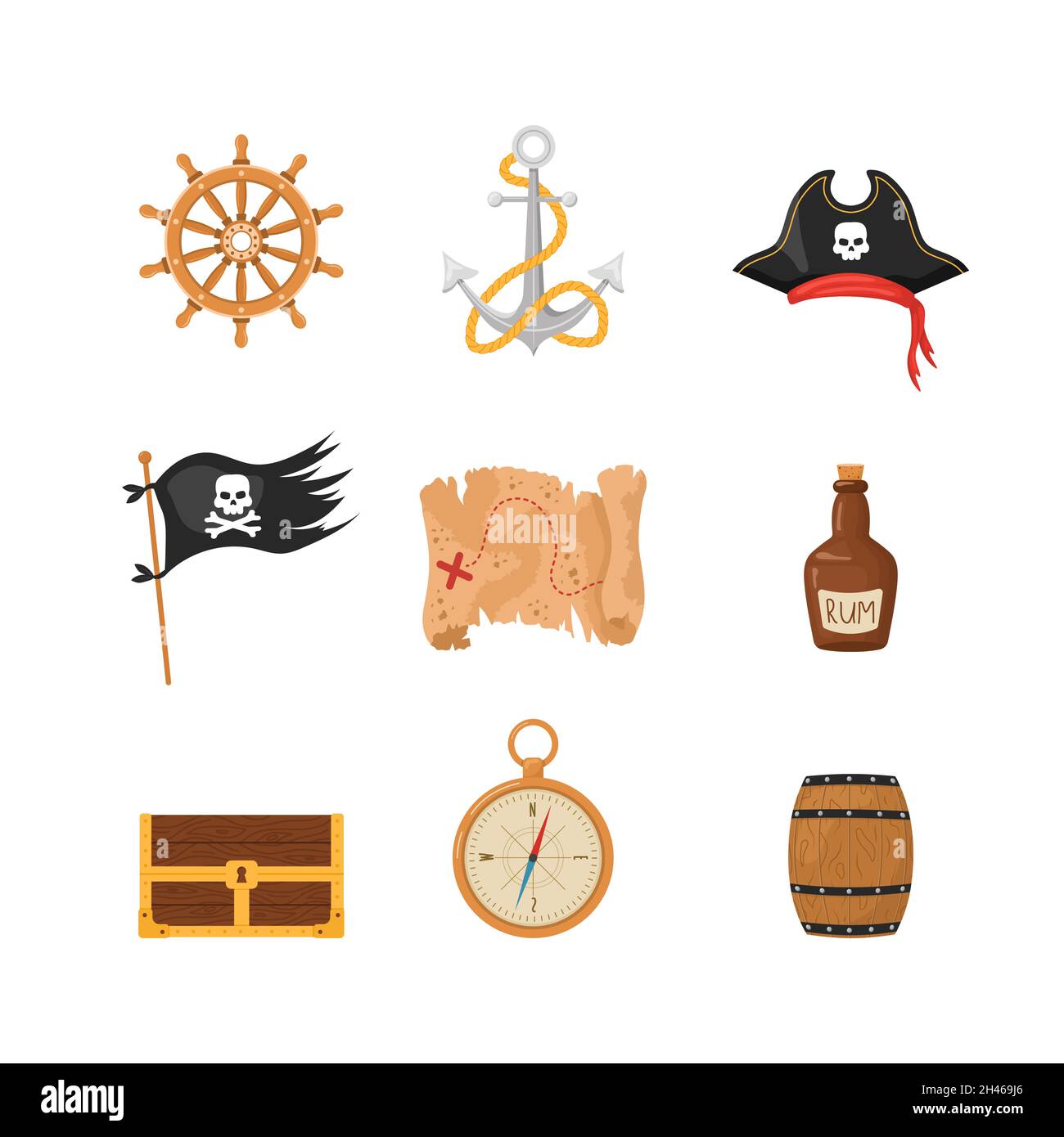 Bundle of pirate items. Ship wheel, flag, hat, map, anchor, compass ...