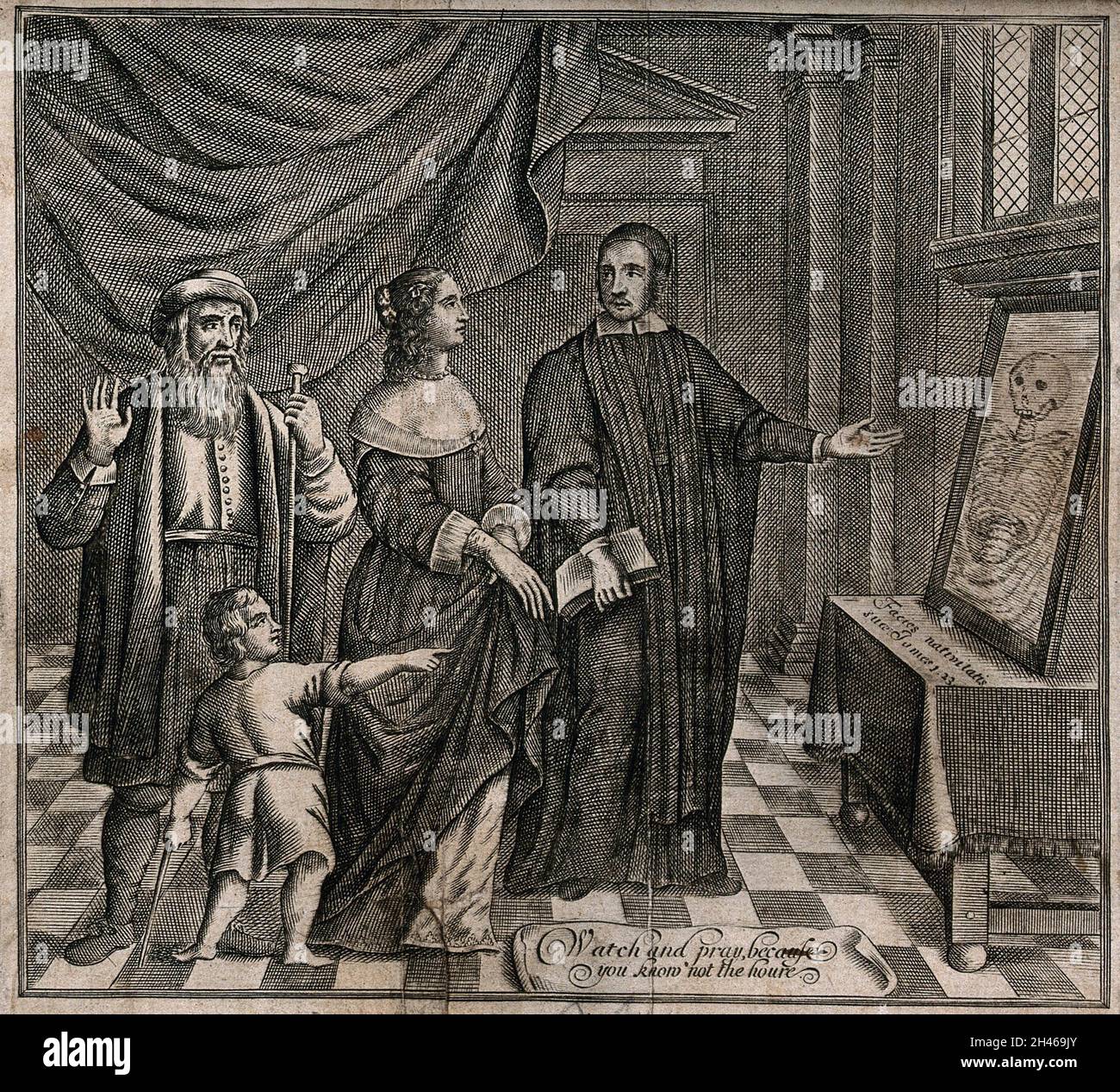 A family sees Death's reflection in a mirror. Etching Stock Photo - Alamy