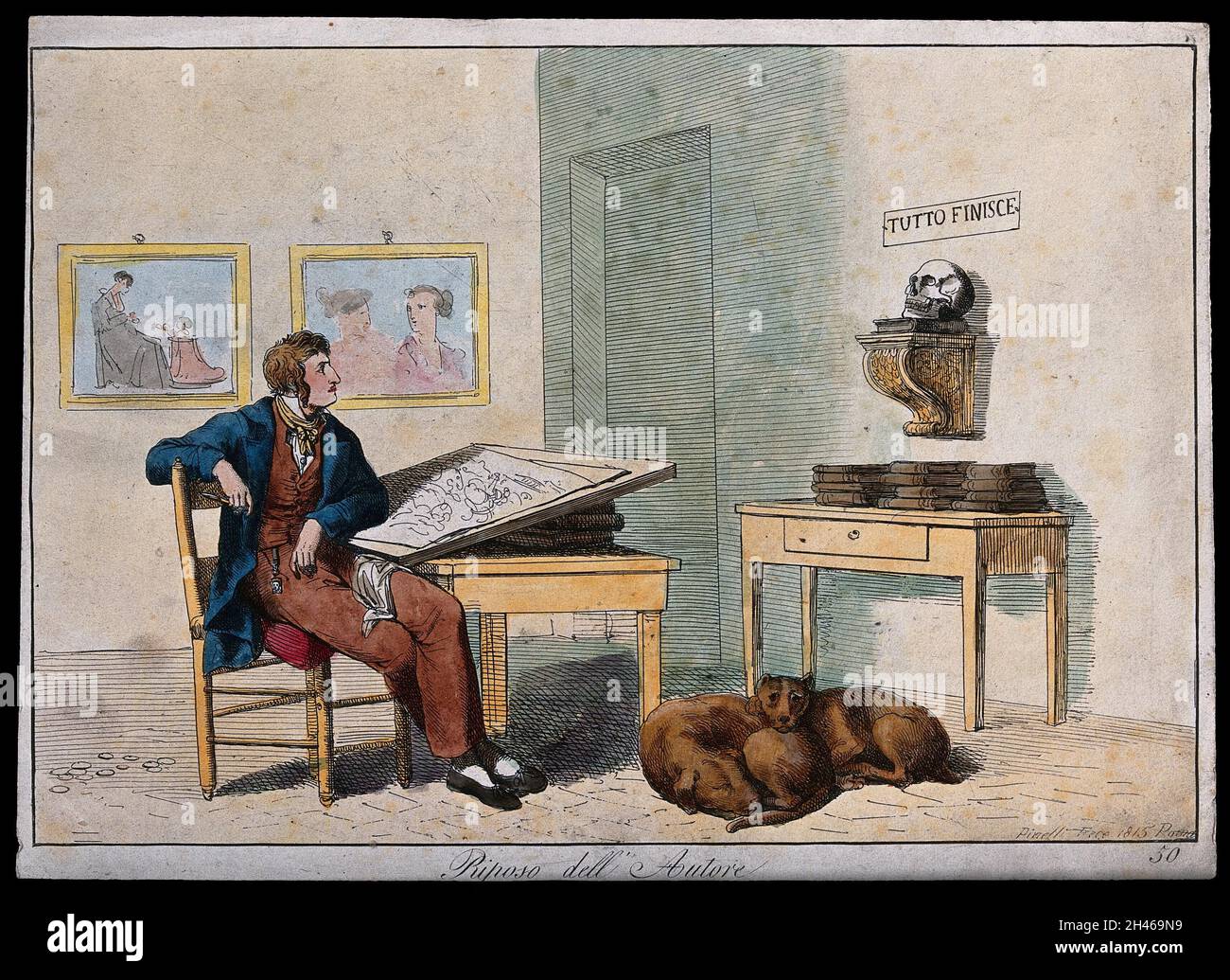 A young artist in his studio contemplating a skull. Etching, 1815 Stock ...