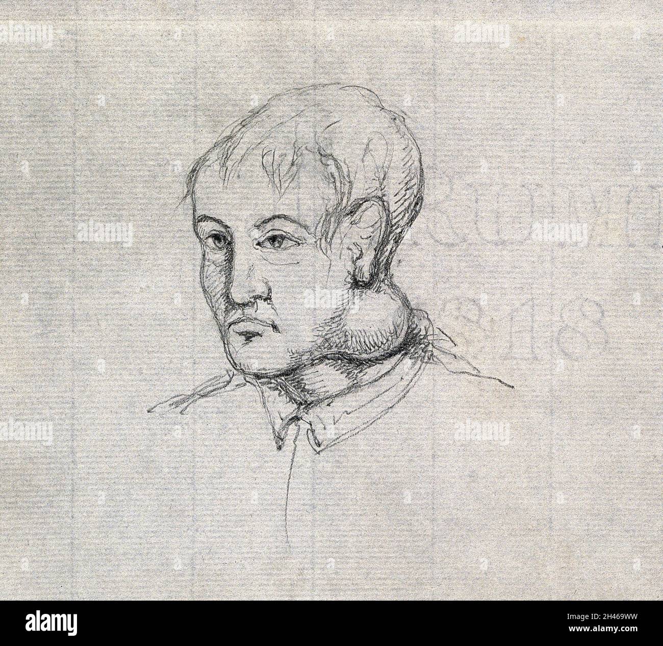 The head and shoulders of a young man, seen in 3/4 profile, with a ...