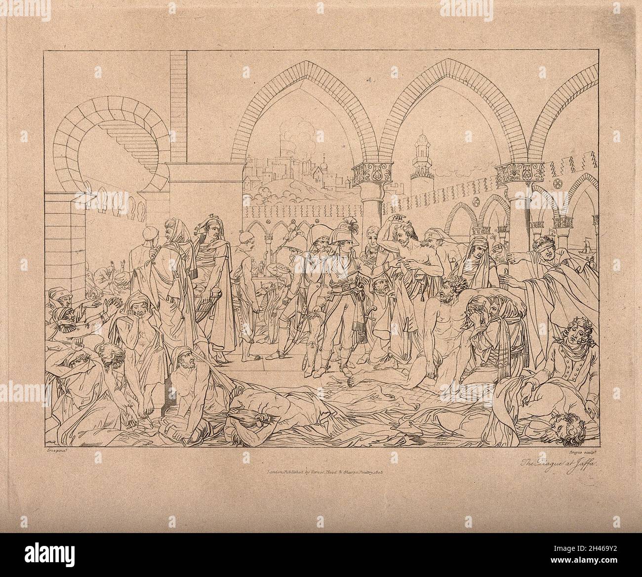 Napoleon Bonaparte visiting plague-stricken soldiers at Jaffa. Etching ...