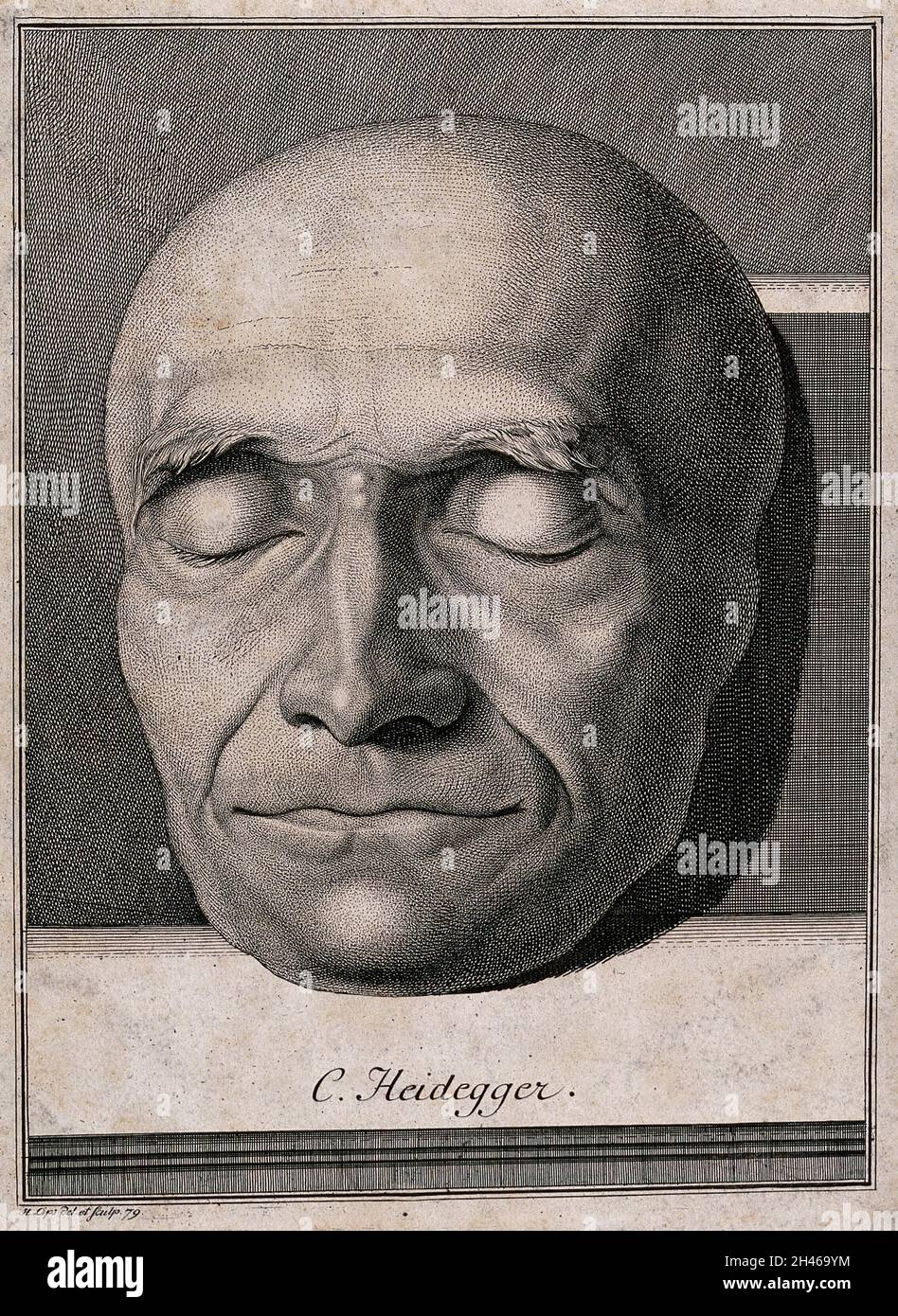 Death-mask of a man, possibly of C. Heidegger. Line engraving with ...
