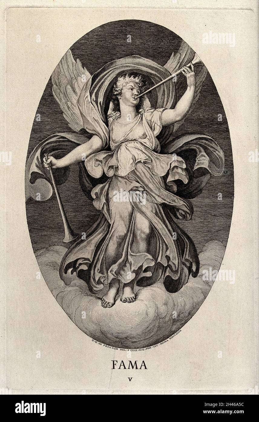 A winged woman, standing on a cloud, blowing one of her two trumpets ...