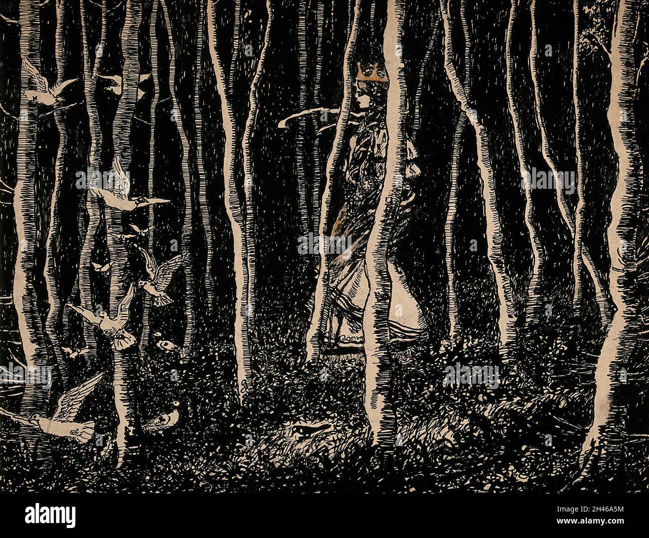 A princess walking in a forest with birds. Pen and ink drawing by H ...