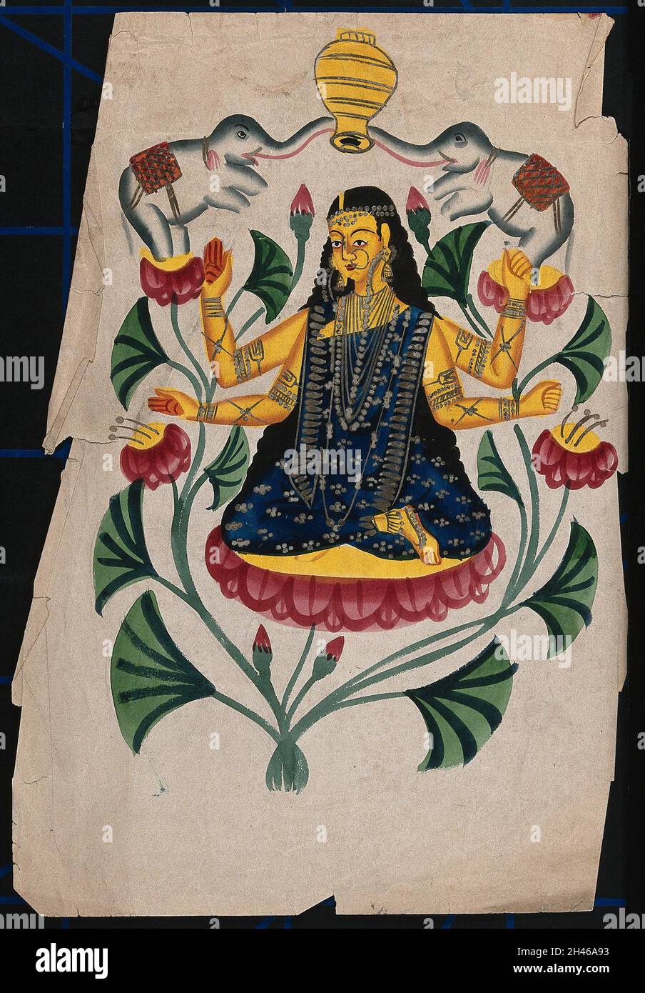 Lakshmi sitting on a lotus being anointed by two elephants. Watercolour ...