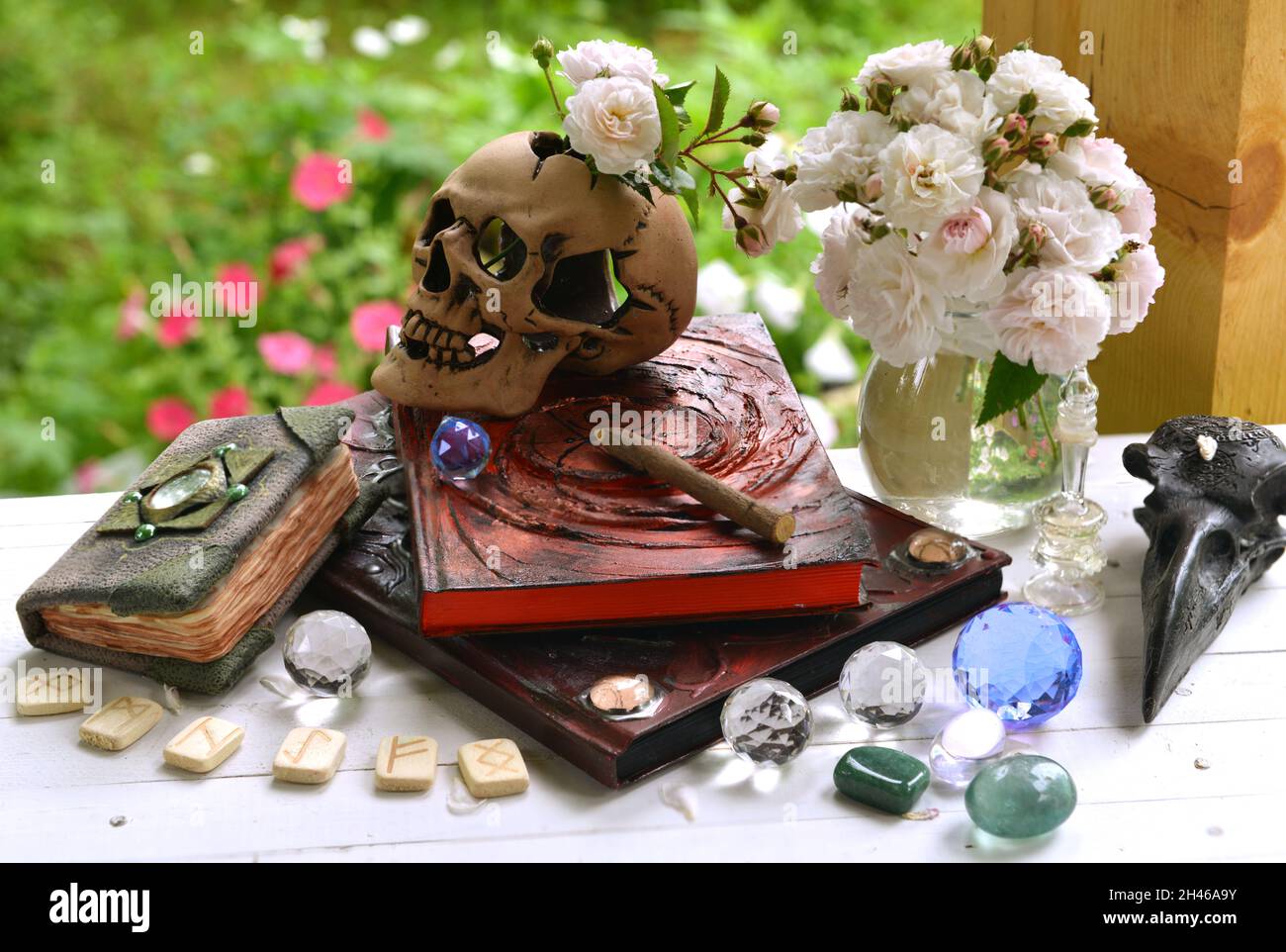 Vintage summer still life with old witch book for fortune telling ...