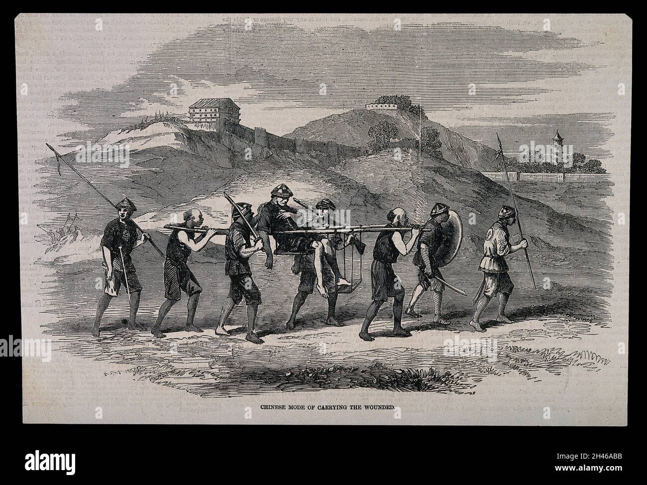 Chinese carrying a wounded man on stretcher poles. Wood engraving Stock ...