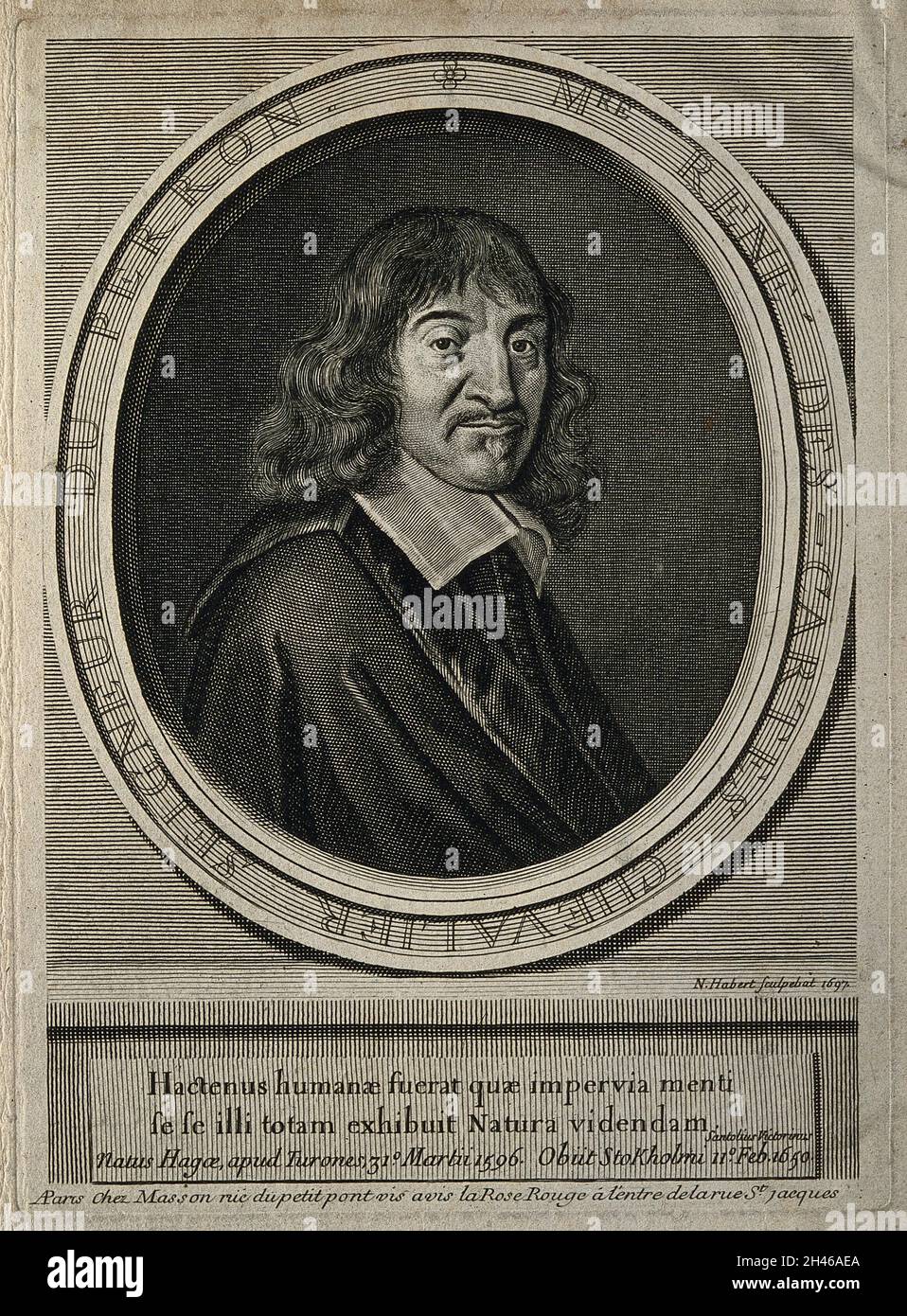 René Descartes. Line engraving by N. Habert, 1697, after F. Hals, 1649 ...