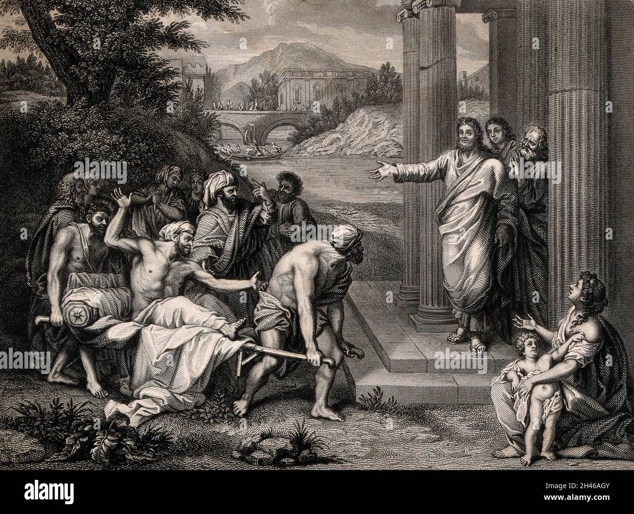 The paralytic is brought on a stretcher to Christ. Engraving by P ...