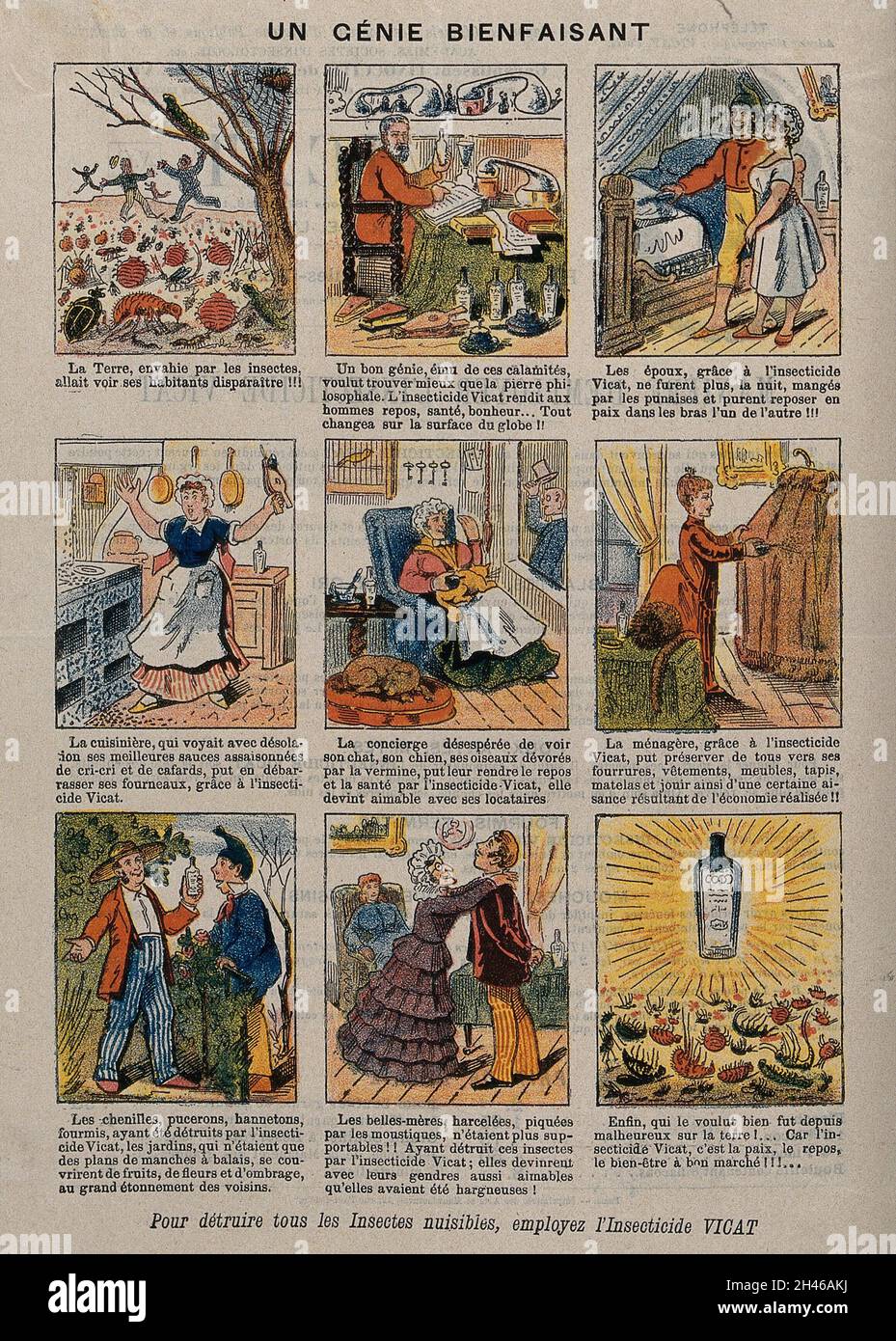 Nine vignettes advertising uses of Insecticide Vicat. Colour line block ...