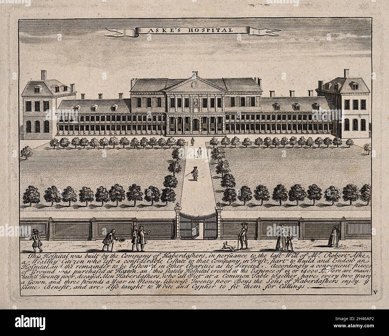 Aske's Hospital, Shoreditch, London: the facade. Engraving Stock Photo ...