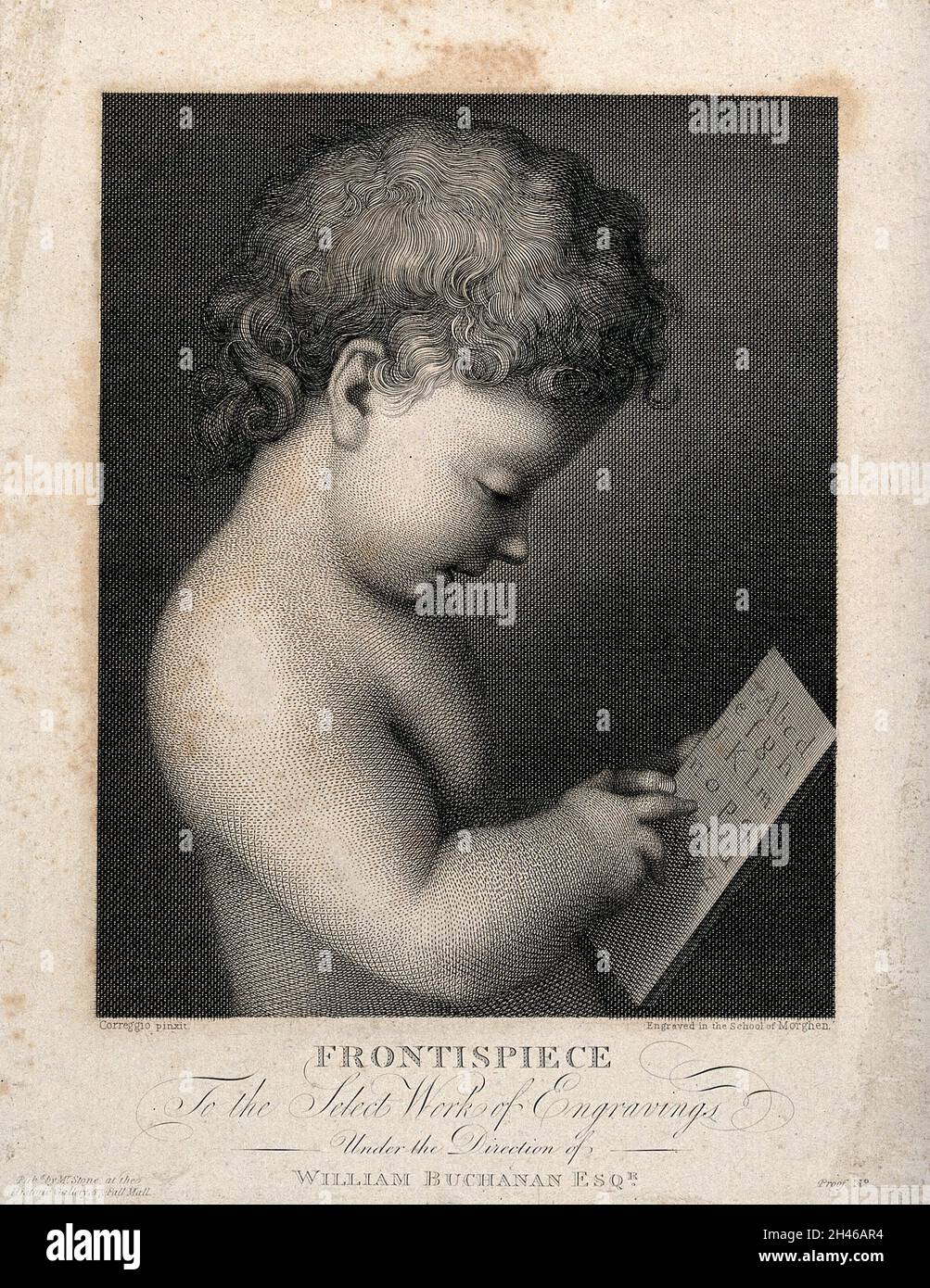 Cupid learning to read the letters of the alphabet. Engraving after A ...