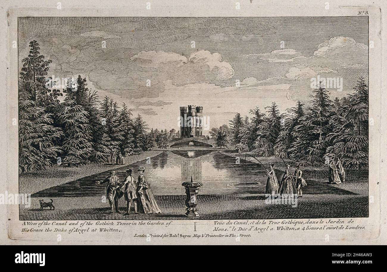 The canal and Gothic tower in the garden of the Duke of Argyll at ...