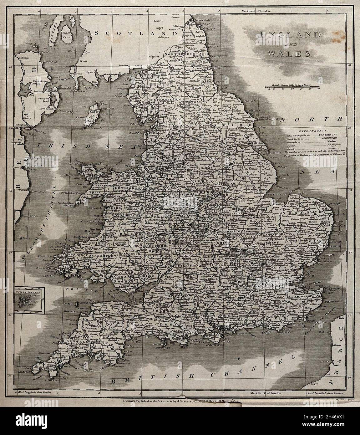 Map of England and Wales and surrounding seas. Engraving, 1803 Stock ...