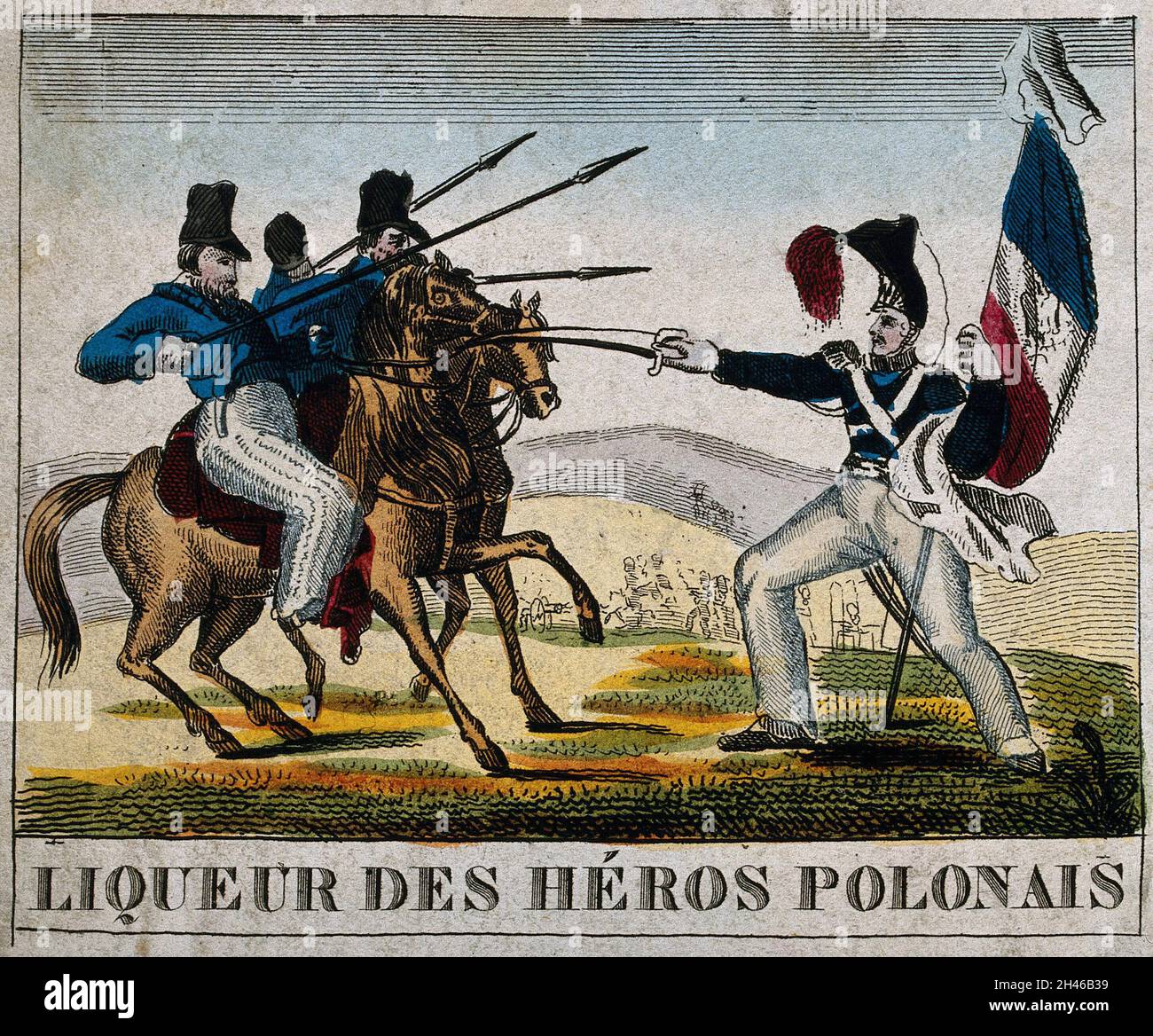 A liqueur label illustrated with a French foot-soldier attacking a ...