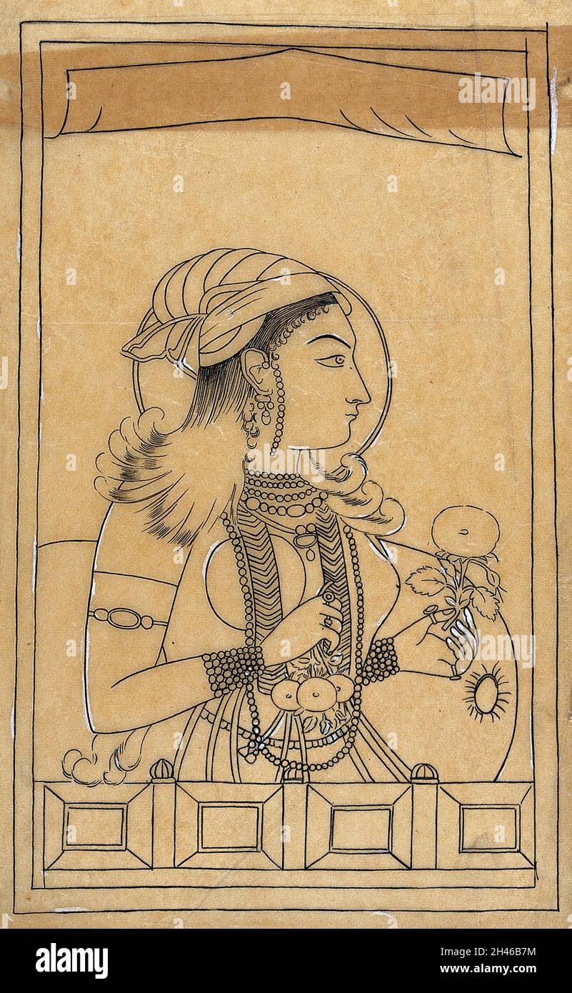 A woman holding a flower. Ink drawing Stock Photo - Alamy