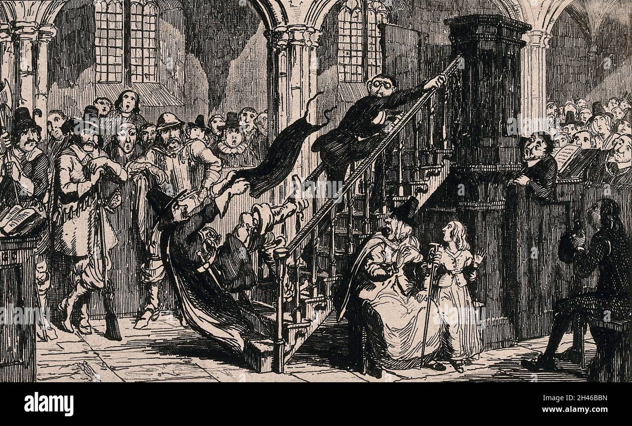 A man is falling down the stairs of the pulpit watched by the ...
