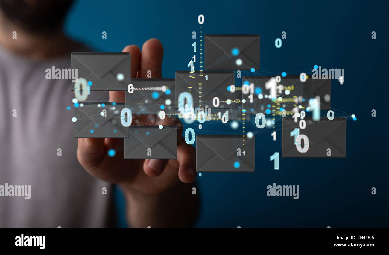 3D rendering of a man pointing at floating email icons - Concept of ...