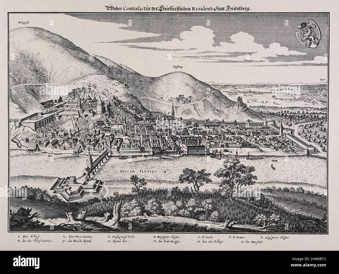 Heidelberg, Germany: panorama with key and crest. Reproduction of a ...
