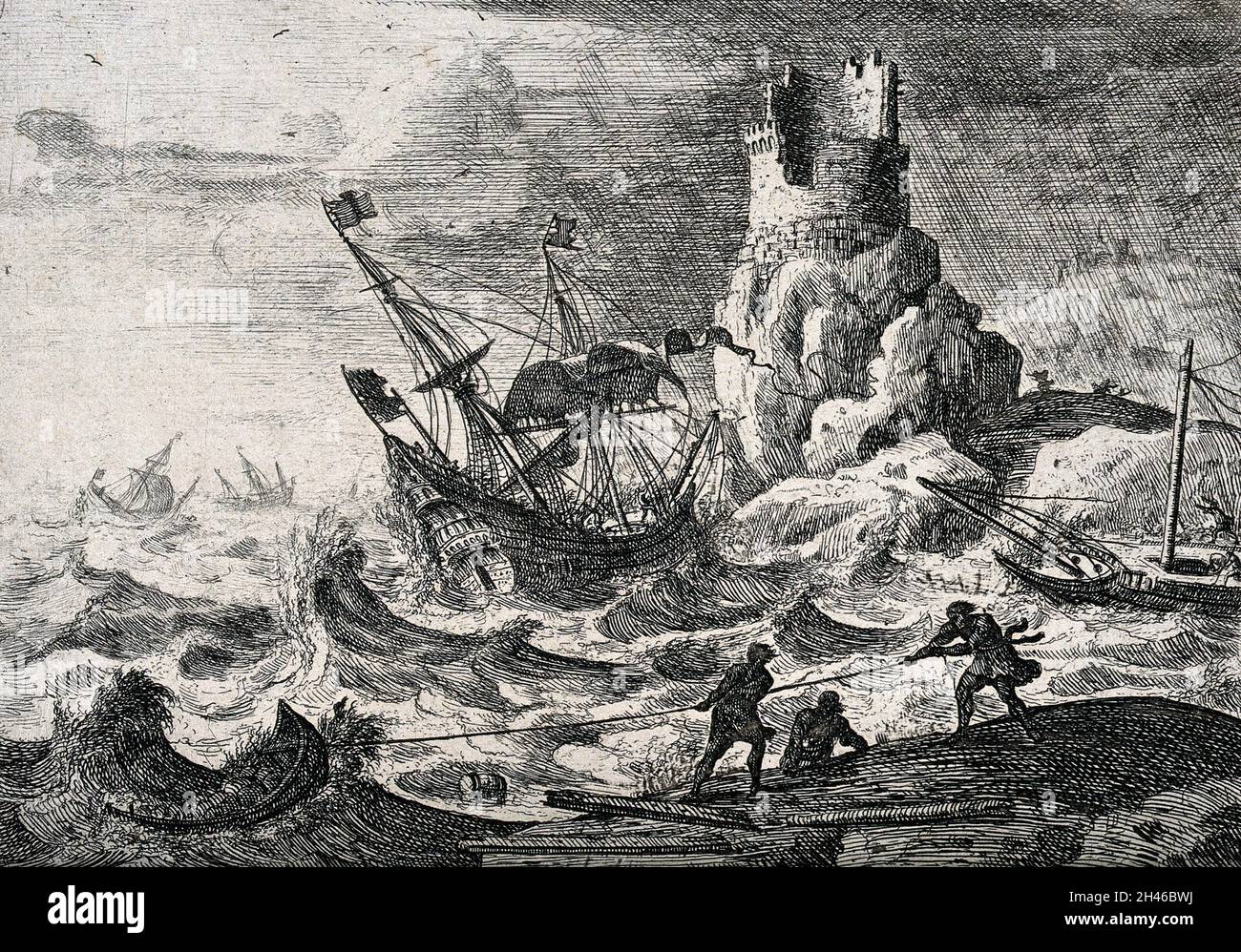 A storm at sea, with a sailing ship being wrecked on rocks, scavengers ...