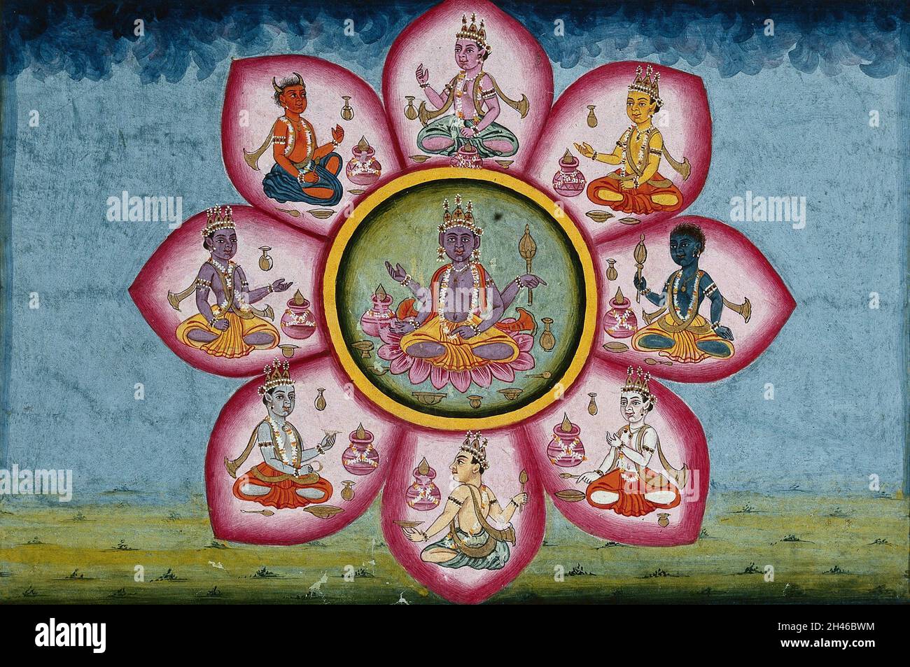 An eight-petalled lotus with Vishnu in the center, and eight other ...