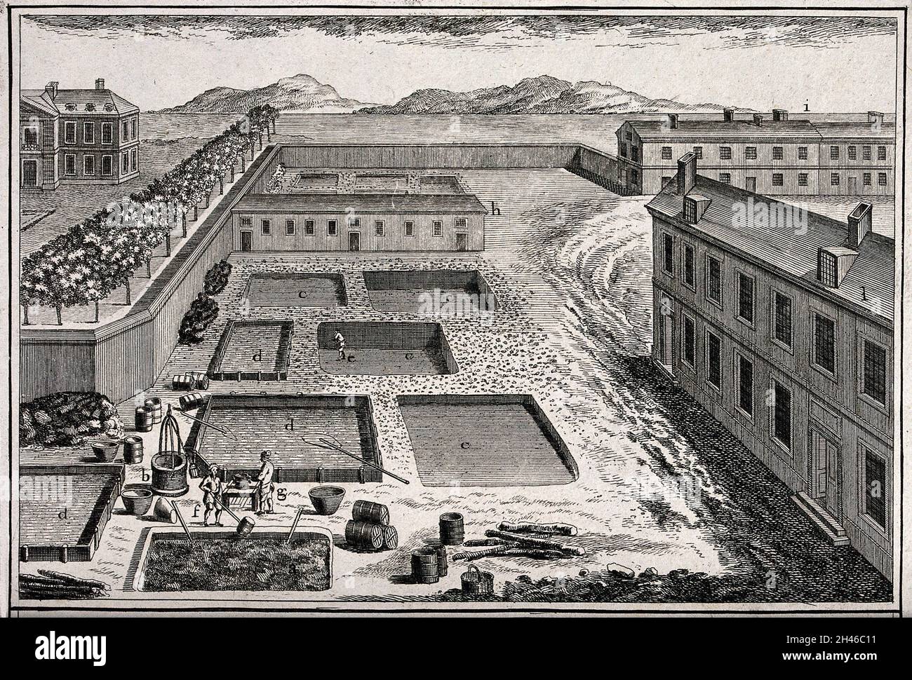 Pottery: various shallow pits outside a factory, with workmen standing ...