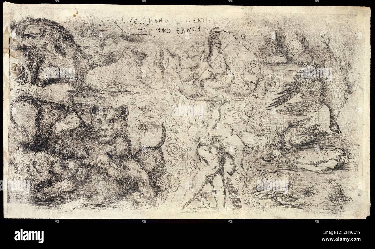 Animals and human figures manifesting life, death and fancy. Etching by ...