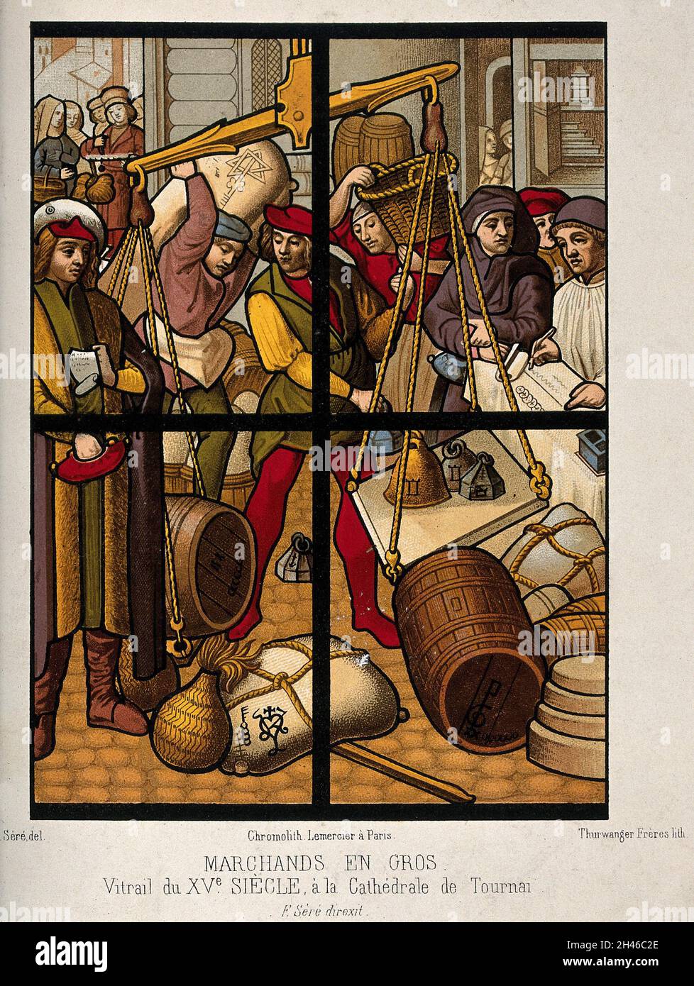 A market in which heavy barrels and sacks are weighed on scales ...