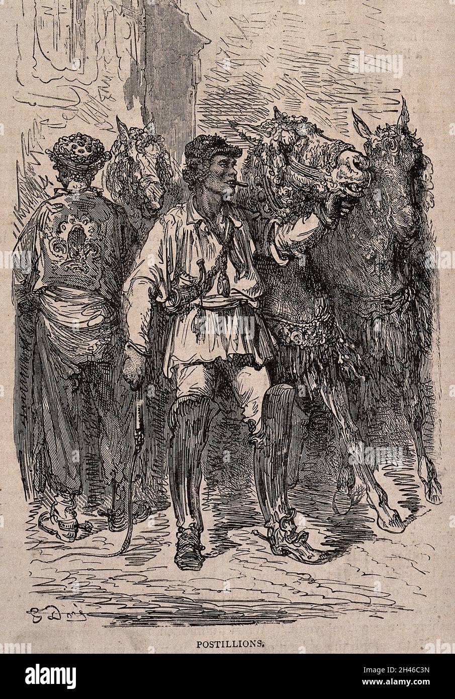 Two Spanish coach riders wearing ornate livery with a decorated horse ...