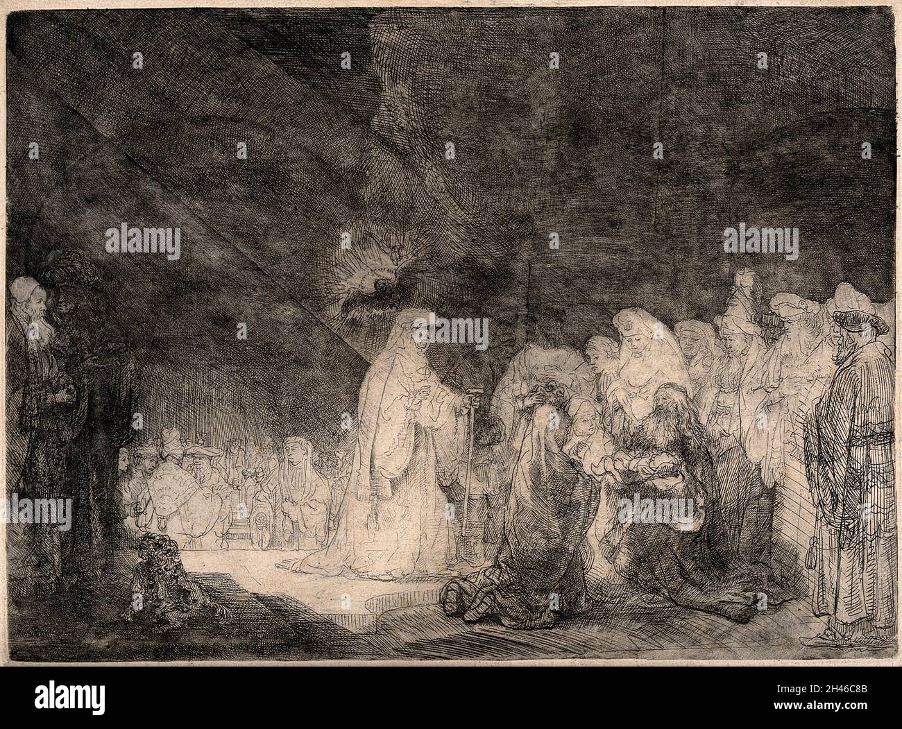 Simeon holds the infant Jesus in his arms. Etching by Rembrandt, ca ...