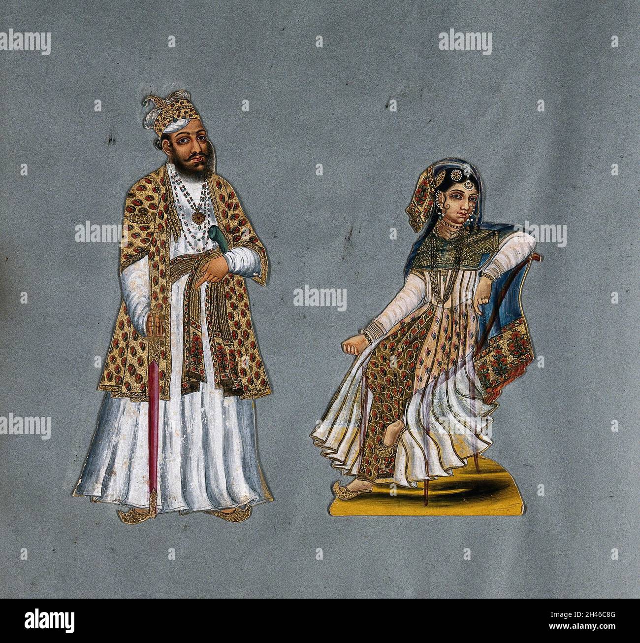 A nawab or Indian nobleman and his wife. Gouache painting Stock Photo ...