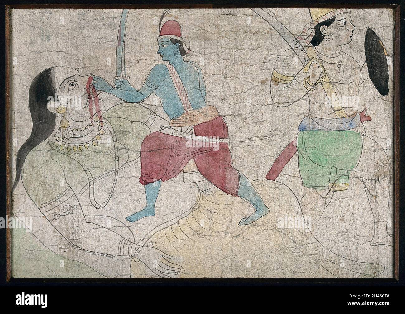 An Indian swordsman slays a giant woman. Gouache painting by an Indian ...