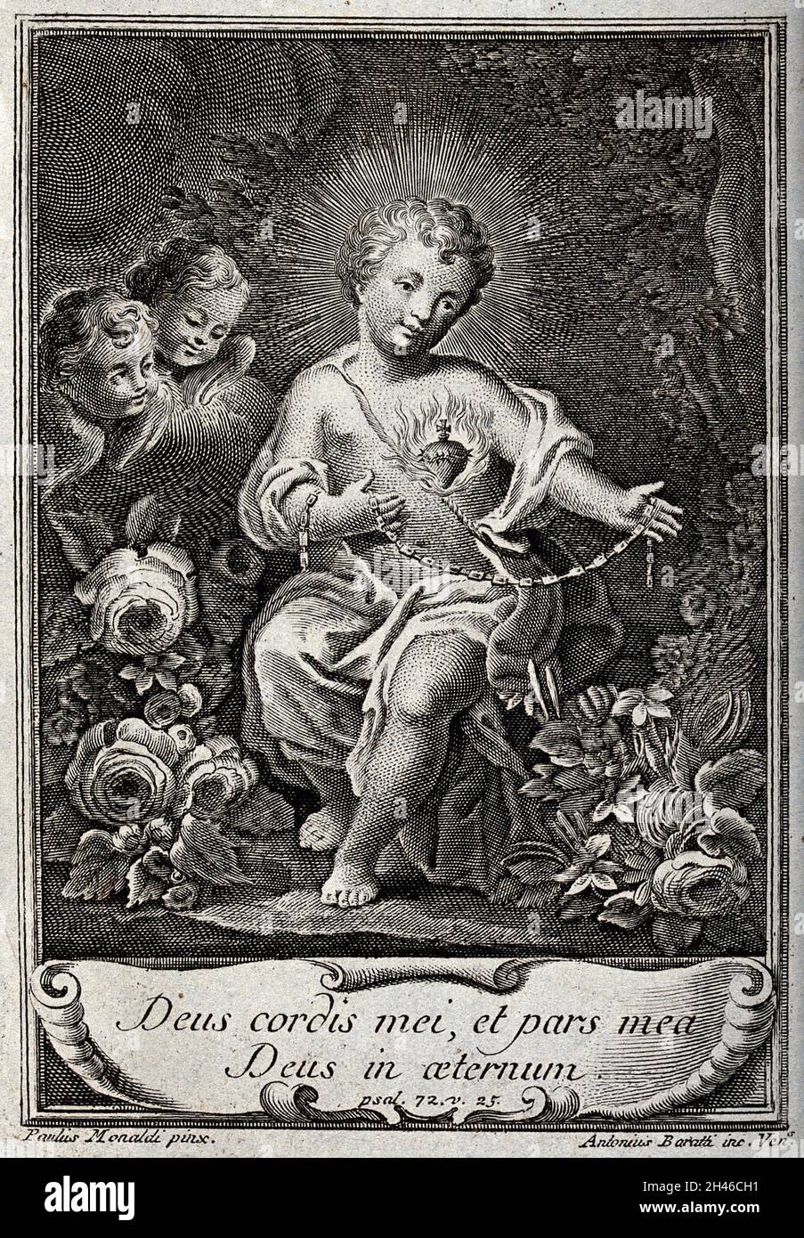 Christ as a boy displaying his Sacred Heart. Engraving by A. Baratti ...