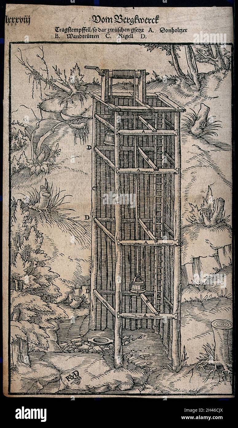 A pulley system in a mine. Woodcut by Hans Rudolph Manuel, 1557 Stock ...