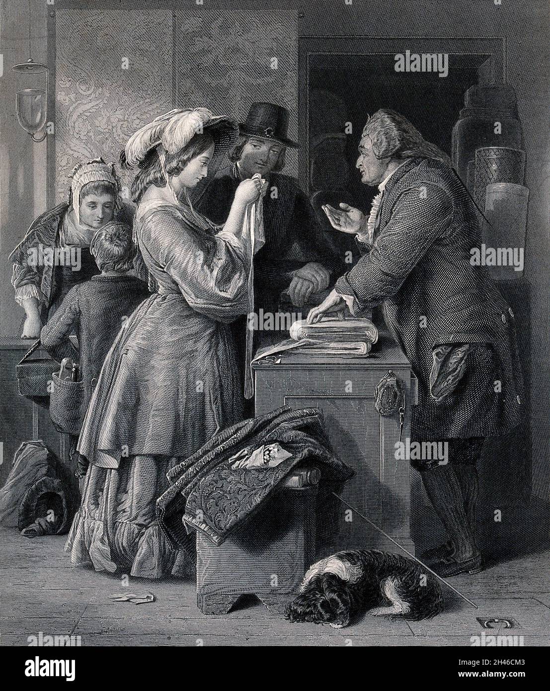 A young couple visiting a draper's shop to choose material for a ...