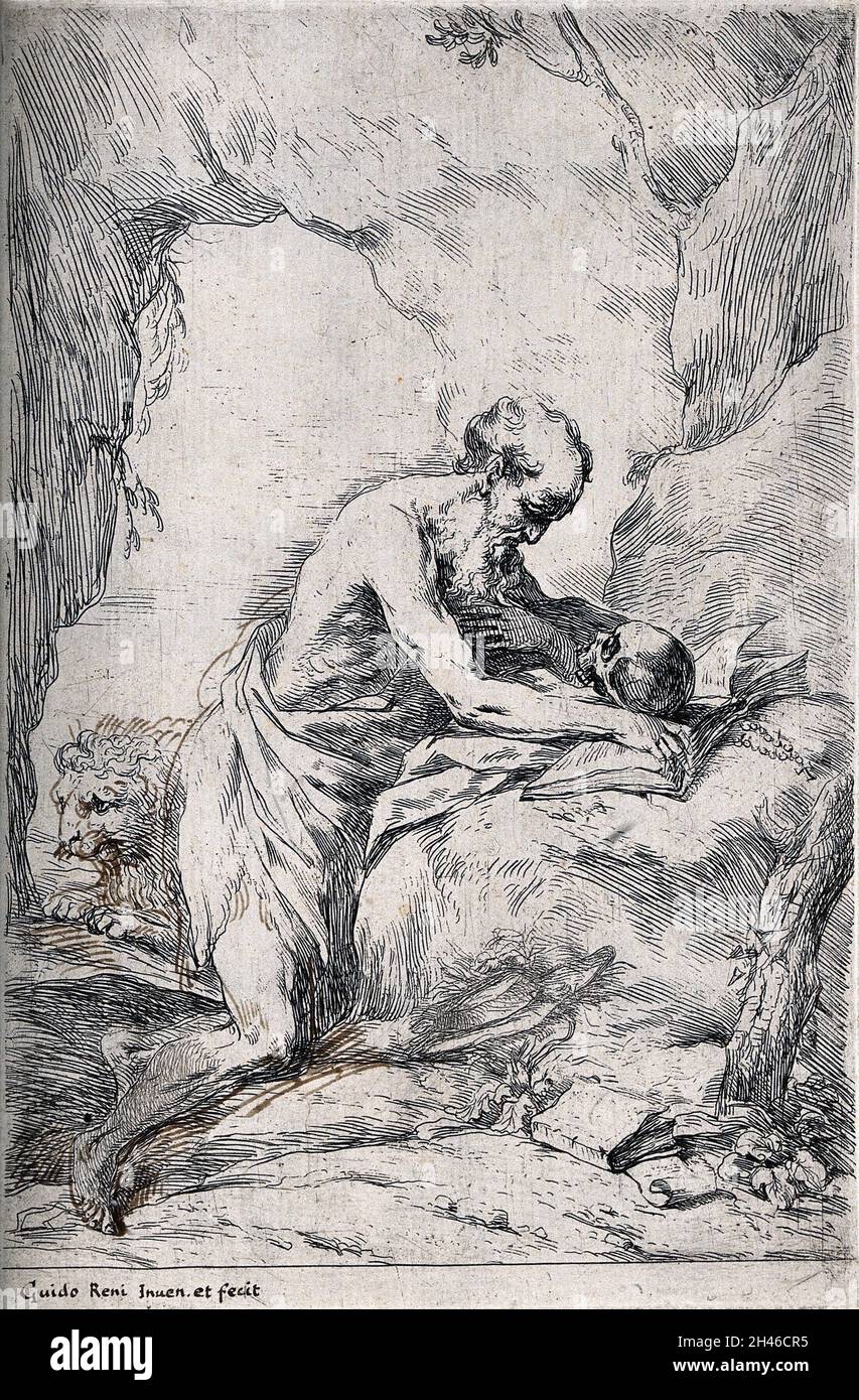 Saint Jerome. Etching by G. Reni after himself Stock Photo - Alamy