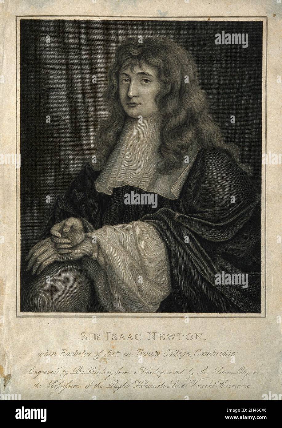 Sir Isaac Newton. Line engraving by B. Reading, 1799, after Sir P. Lely ...