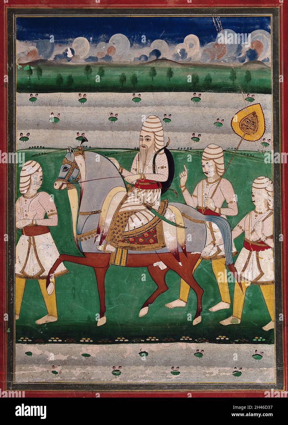 Rana Ranjit Singh on a horse with three attendants. Gouache painting by ...