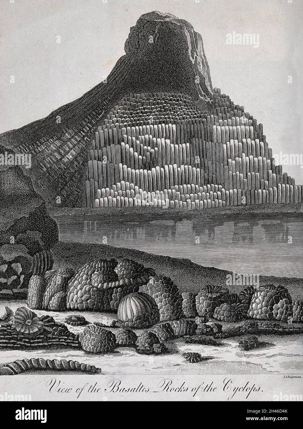Geology: an outcrop of basalt columns by the sea. Engraving by J ...