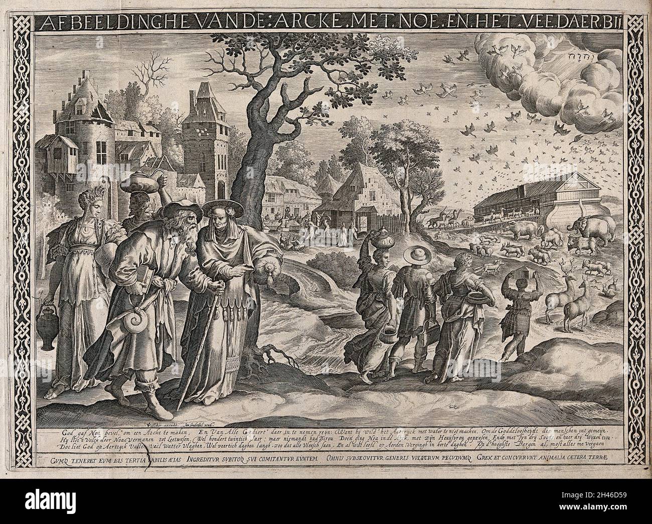 People and animals entering Noah's ark, transposed into a 16th century ...