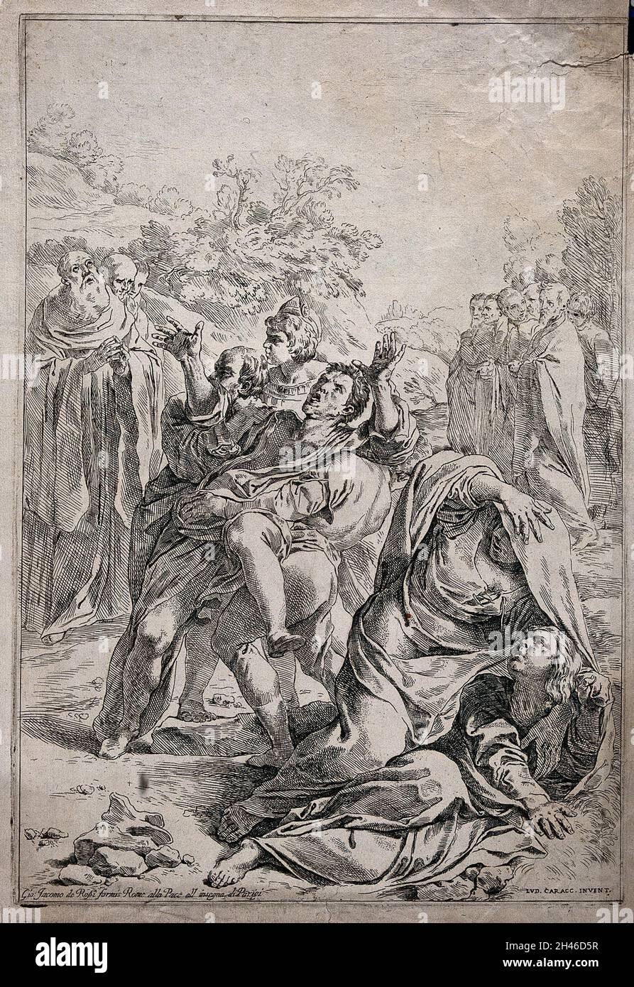 Saint Benedict curing a man possessed by a devil. Etching after L ...